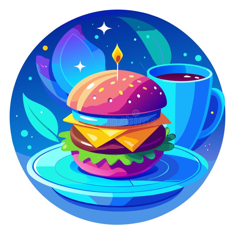 Fantastic Beef Burger with a Blue Tea Cuo in Neon Blurr Background ...