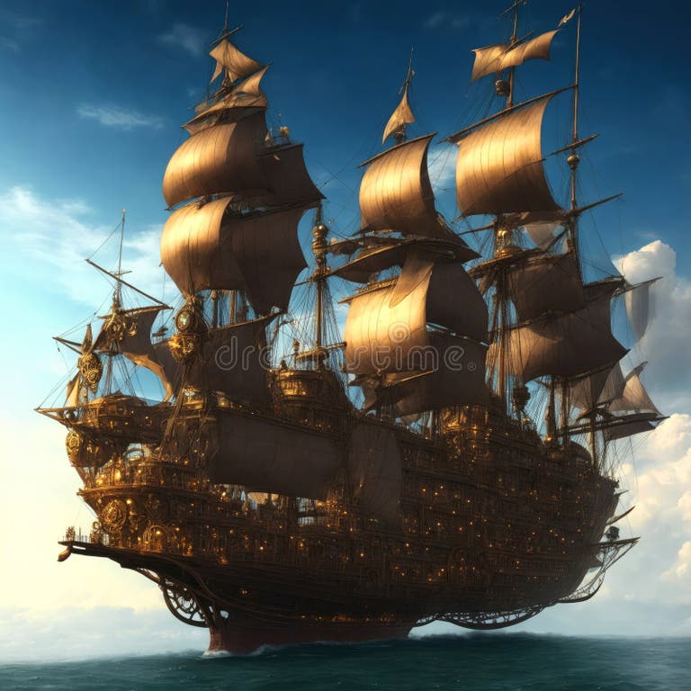 A Fantastic Big Steampunk Ship with Sails. Steam Engine of the ...