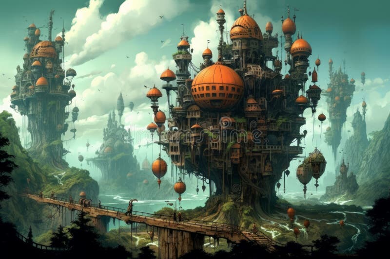 Fantastic Castle with Flying Objects and Rocks. Castle on Another ...