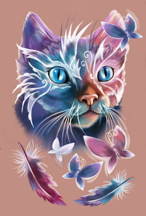 Magik Cat with Four Butterflies Stock Illustration - Illustration of ...