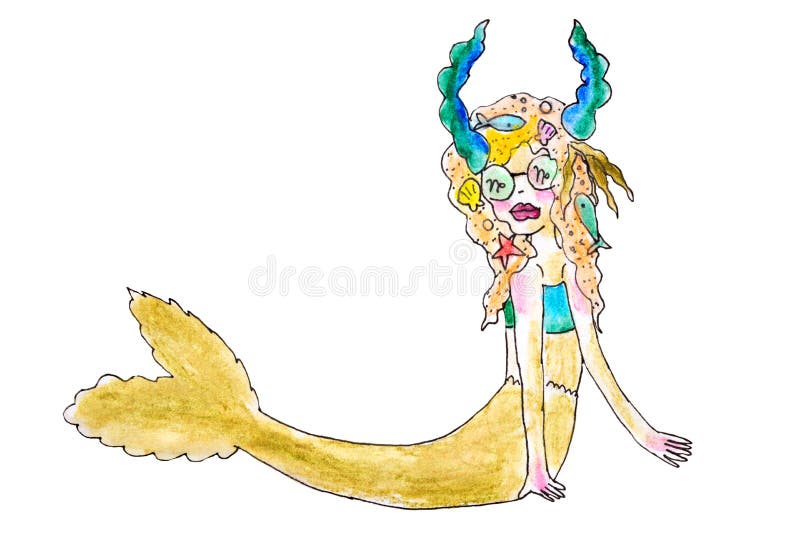 Fantastic Character. Mermaid with Green Horns on a White Background ...