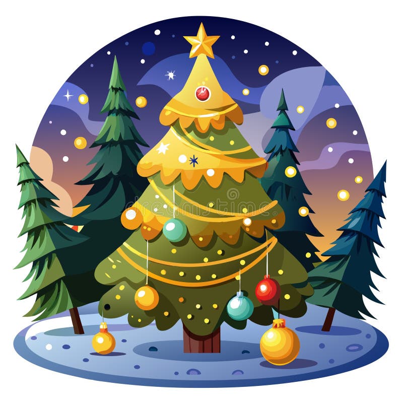 Fantastic Christmas Tree with Gold Decorations and Lights on a Dark ...