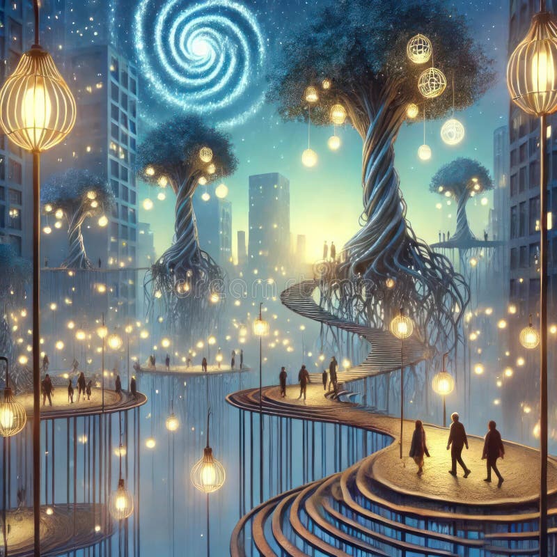 A Fantastic City with Flying Trees and Spirals in the Sky. Stock Photo ...