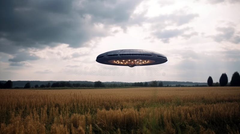 Fantastic Dramatic Image. UFO or Alien Spacecraft Inspect Grass Field ...