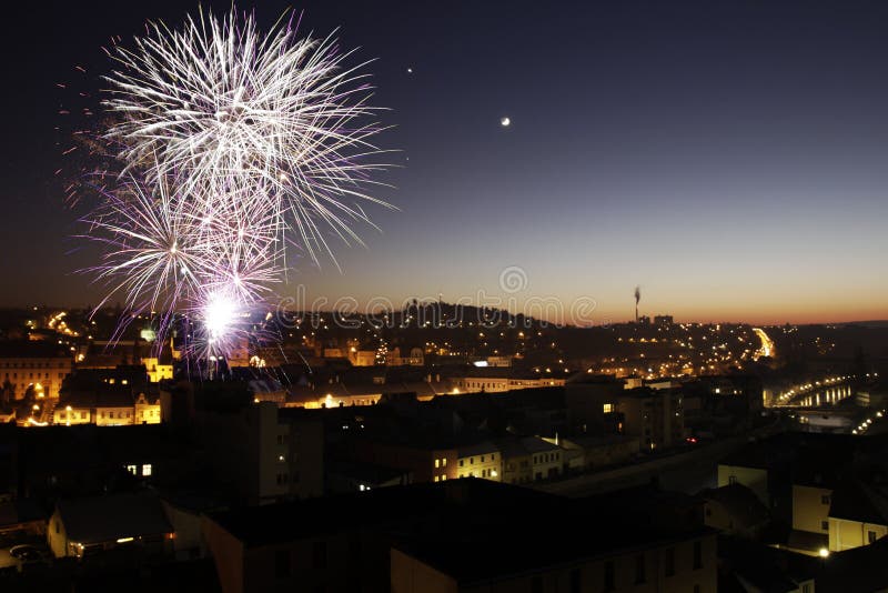 Fantastic Fireworks Above Skyline of the City Stock Photo - Image of ...