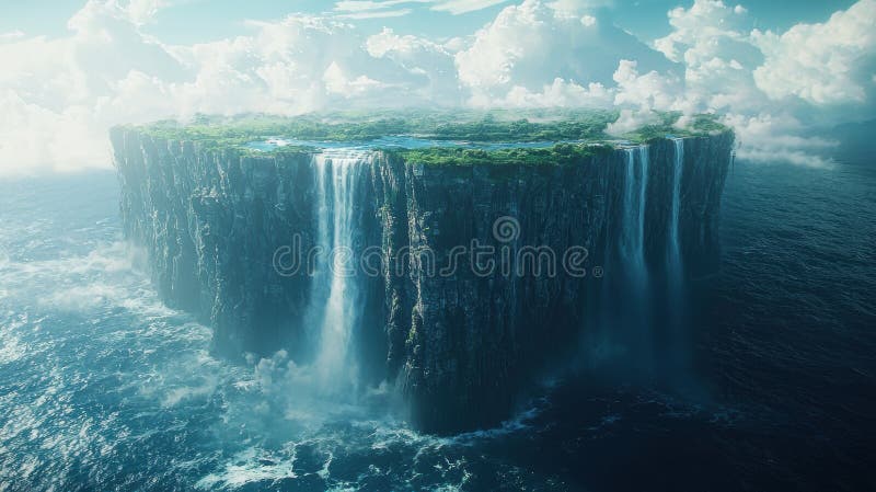 Fantastic Frontiers Concept. Floating Island with Waterfalls Cascading ...