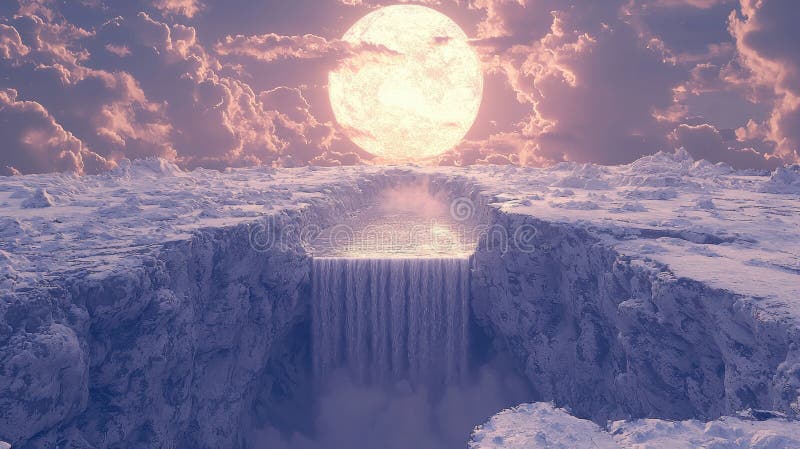 Surreal Icy Landscape with Glowing Moon and Cascading Waterfall ...