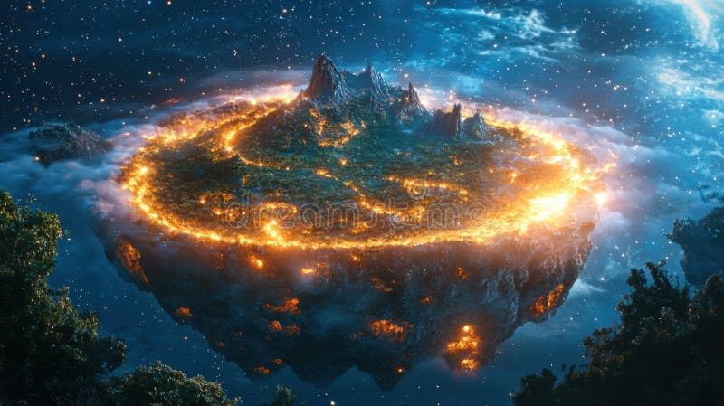 Volcanic Island Chain Floating in Orbit with Magical Light Trails ...