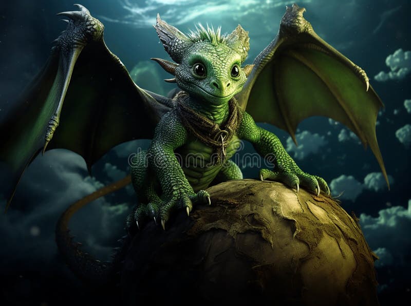 A Fantastic Green Oriental Dragon with Wings Sits on a Stone Stock ...