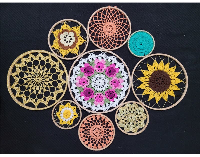 Fantastic Handmade Crochet with Wooden Circle Frames. Stock Photo ...