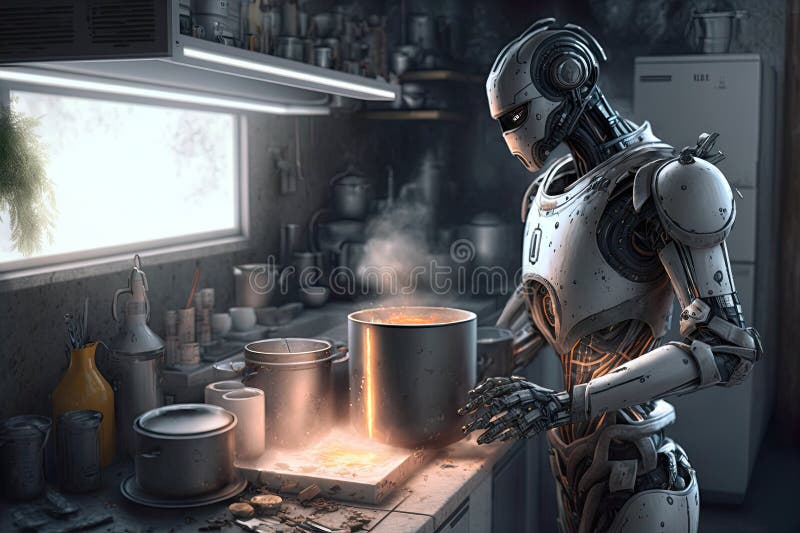 Fantastic Humanoid Robot Cooks Food in the Kitchen Stock Illustration ... Fantastic Humanoid Robot Cooks Food in the Kitchen Stock Illustration ...