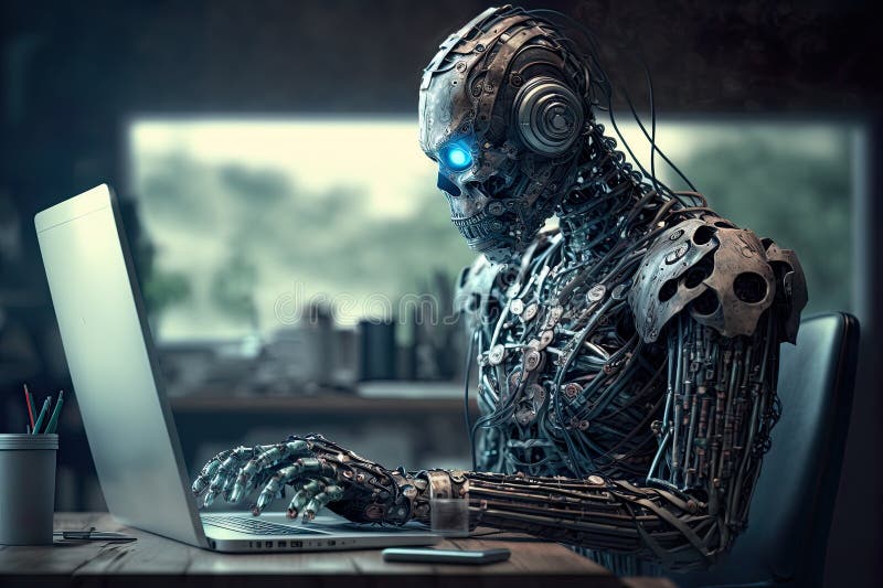 Fantastic Humanoid Robot Works on a Computer Stock Illustration ...
