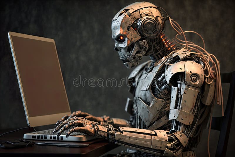Fantastic Humanoid Robot Works on a Computer Stock Illustration ...