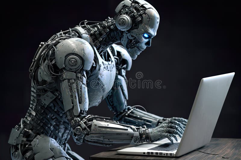 Fantastic Humanoid Robot Works on a Computer Stock Illustration ...