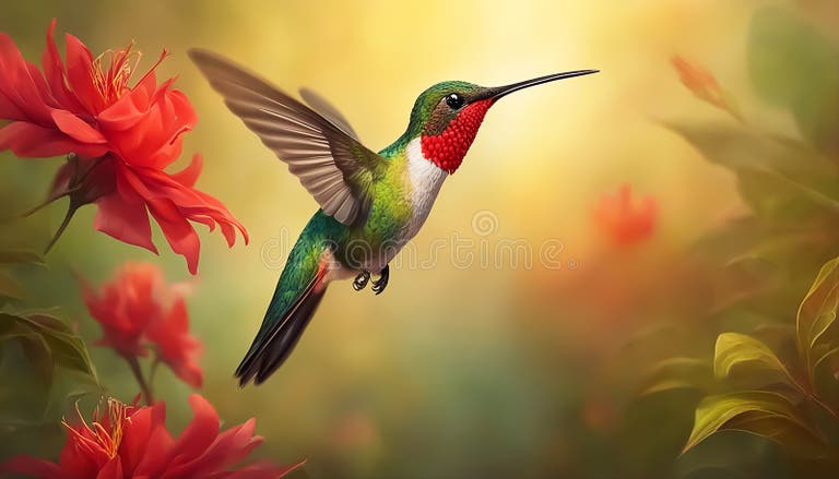 Fantastic Hummingbird. Flight of a Hummingbird Over a Red Flower ...