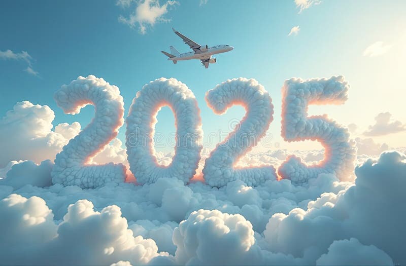 Fantastic Illustration with Cumulus Clouds in the Sky in the Form of Numbers 2025 and a Flying ...