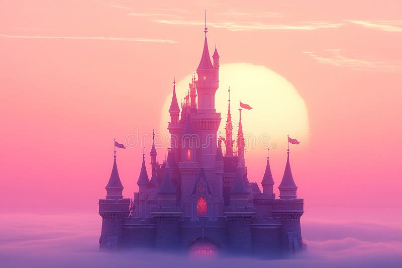 Fantastic Image of a Castle on a Pink Sunset Sky. Medieval Fairytale ...