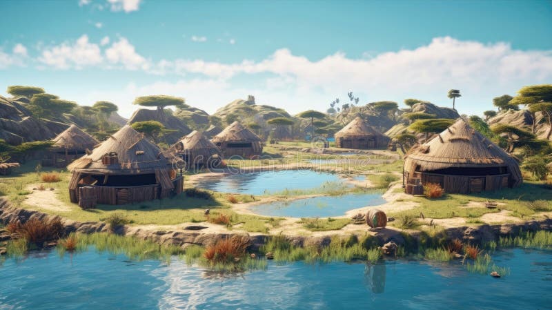 A Fantastic Island Floating with Ancient Village Rustic Huts Tribal ...