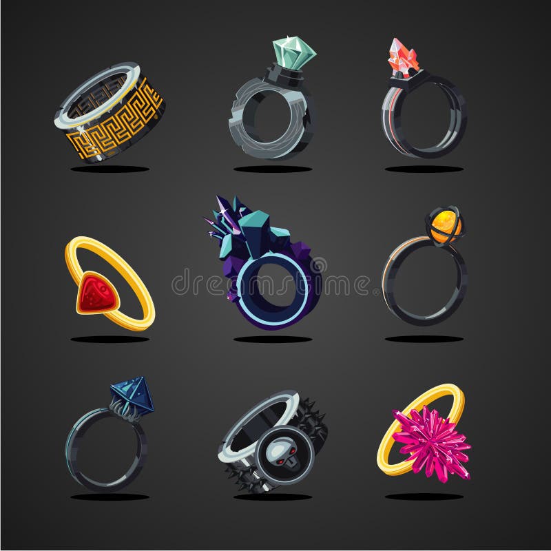 Magic Rings Collection. Game Design Concept Set, Cartoon Style Stock ...
