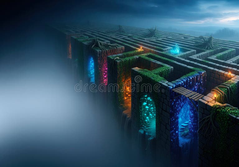 A Fantastic Labyrinth with Bright Magical Portals. Space for Text ...