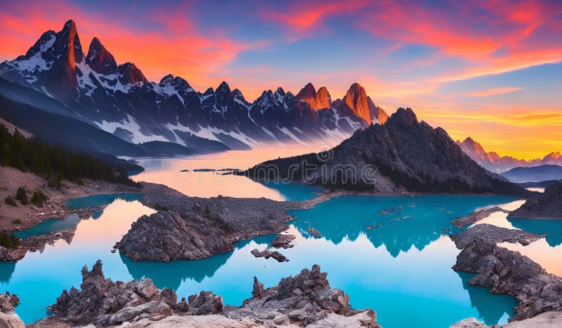 Fantastic Landscape with a Beautiful Blue Lake with Rocks and Mountains ...