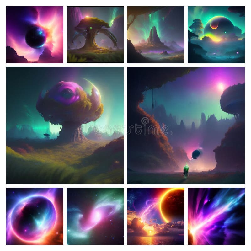 Fantastic Landscape Bright Collage Multiple Illustration, Graphic ...