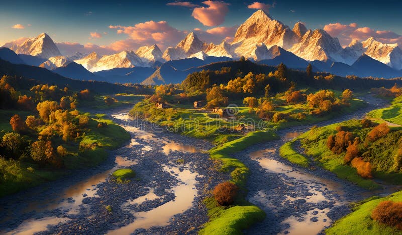 Fantastic Landscape with a Meandering River and Mountains , AI ...