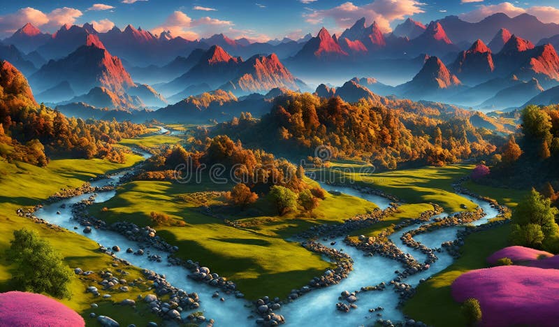 Fantastic Landscape with a Meandering River and Mountains , AI ...