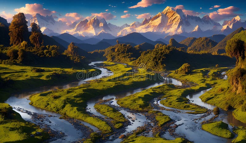 Fantastic Landscape with a Meandering River and Mountains , AI ...