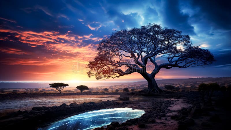 Fantastic Landscape at Sunset with a Tree and a Lake. Generative AI ...