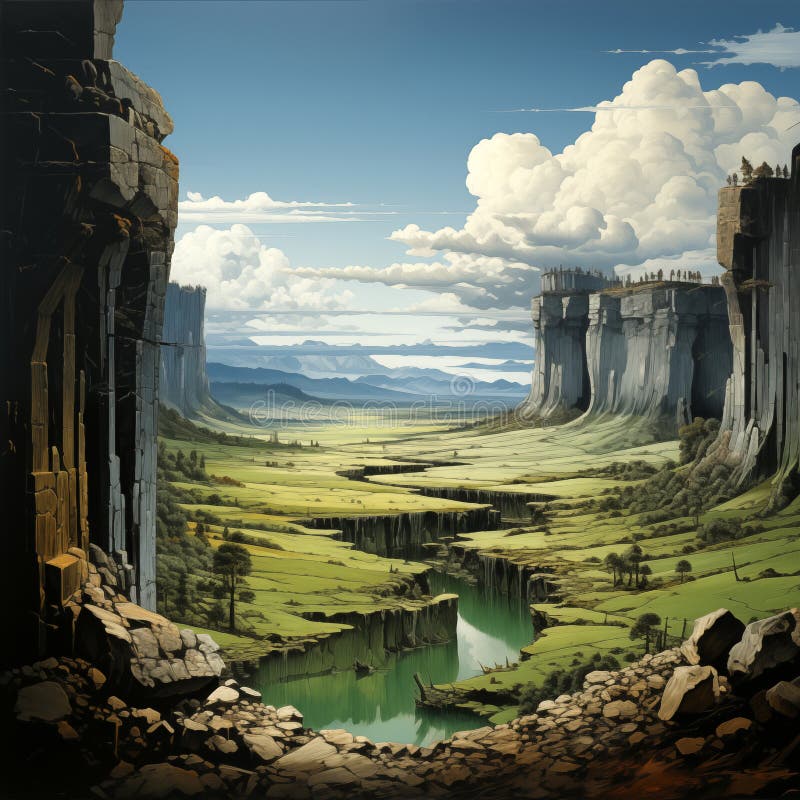 Fantastic Landscape with a Valley between Steep Cliffs, Illustration ...