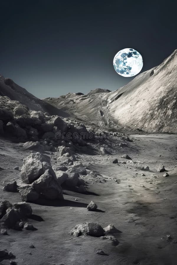 Fantastic Lunar Surface and Blue Earth Planet at Night in Deep Space ...