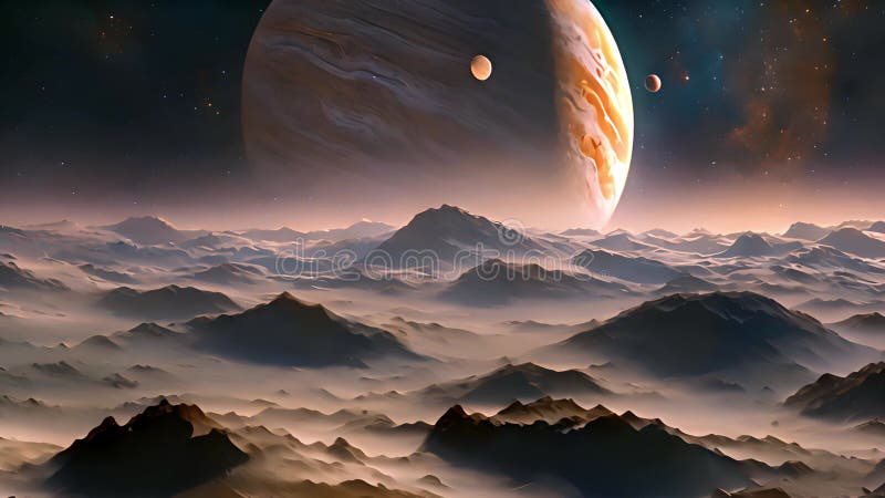 Fantastic Lunar Surface with View of Jupiter Planet at Night in Deep ...