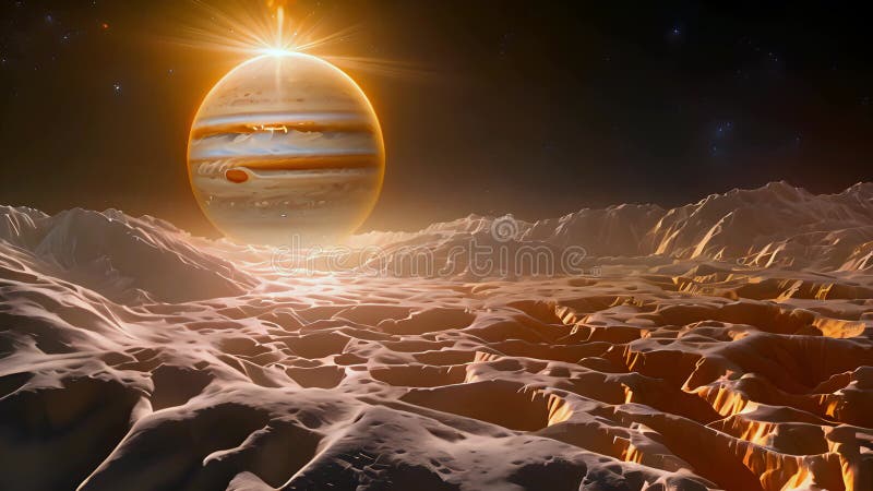 Fantastic Lunar Surface with View of Jupiter Planet at Night in Deep ...