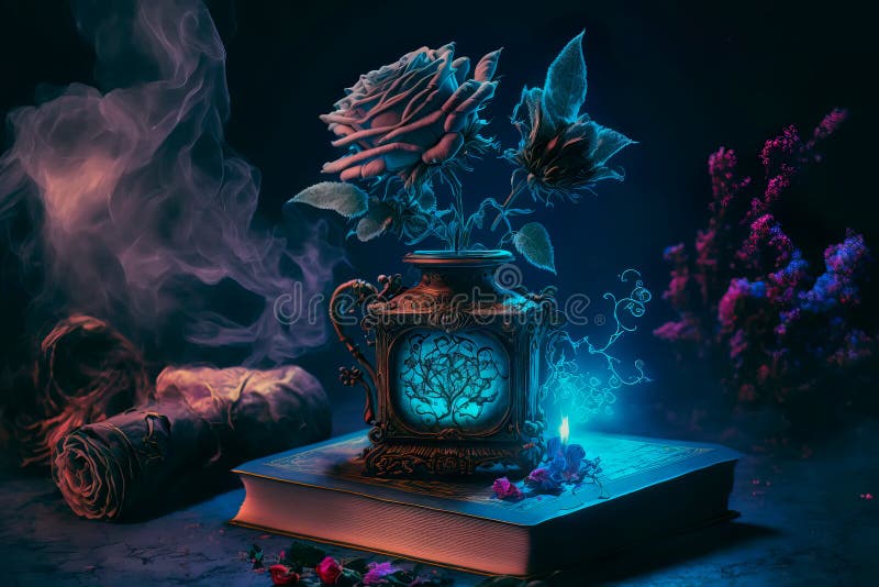Fantastic Magic Book with Magic Rose Generative AI Stock Illustration ...