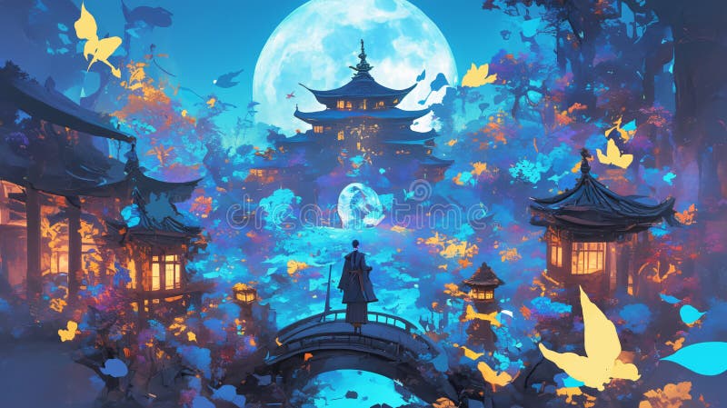 Fantastic Magic Palace and Full Moon Night Stock Illustration ...