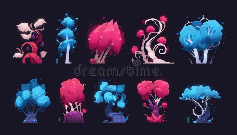 Fantastic Magic Trees. Cartoon Alien Forest with Funny Glowing Leaves ...