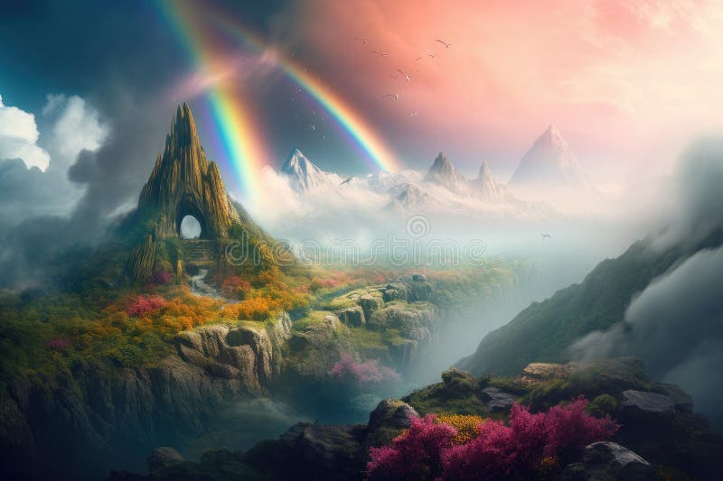 Fantastic Mountain Landscape with Clouds and a Rainbow. Generative AI ...