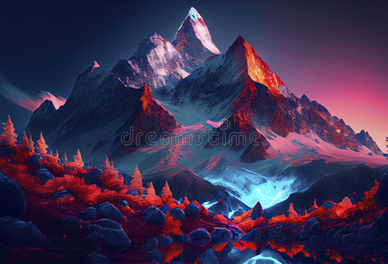 Fantastic Mountain Landscape, Neon. Generative AI Stock Illustration ...