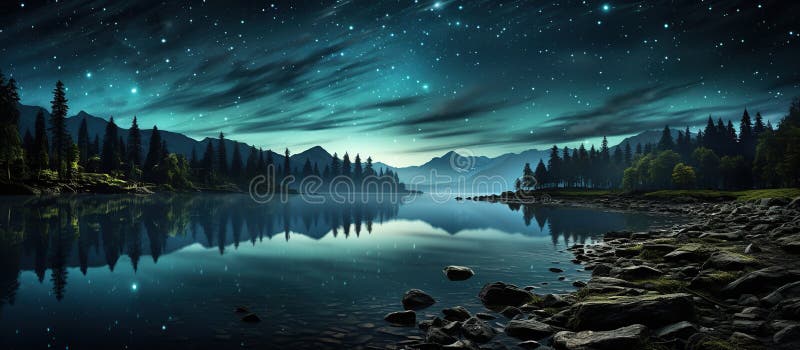 Fantastic Night Landscape with Lake and Mountains Stock Illustration ...