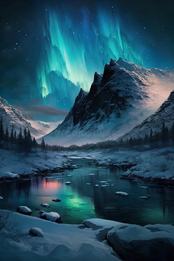 Fantastic Northern Landscape with Aurora Borealis in the Night Sky ...