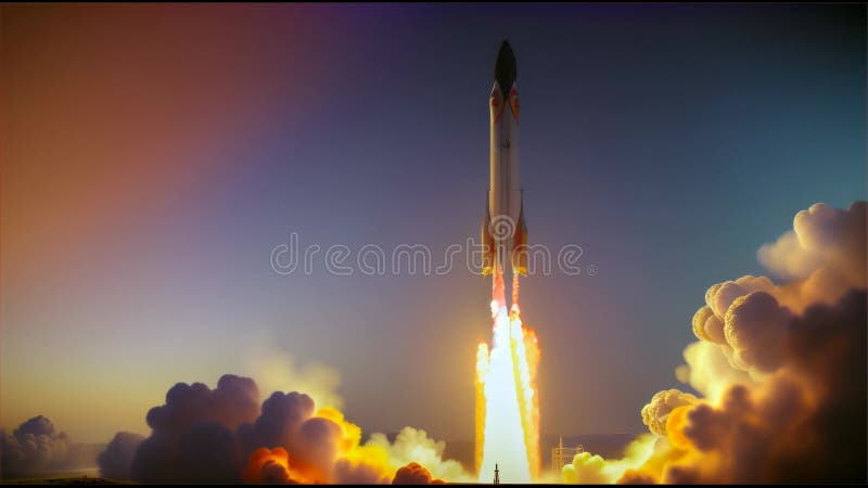 Fantastic Scene of the Launch of a Space Rocket of the Future, Slow ...