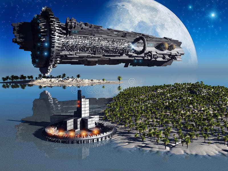 Fantastic Scenery and Spacecraft Stock Illustration - Illustration of ...