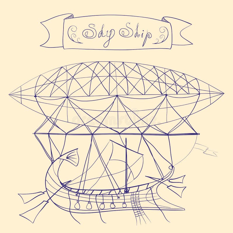 Fantastic Scheme of Flying Ship and Title Banner with Words Sky Ship ...