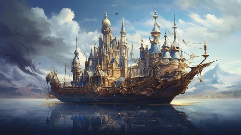 Fantastic Ship with Castle-like Structures, Sails Set, Floating on Calm ...