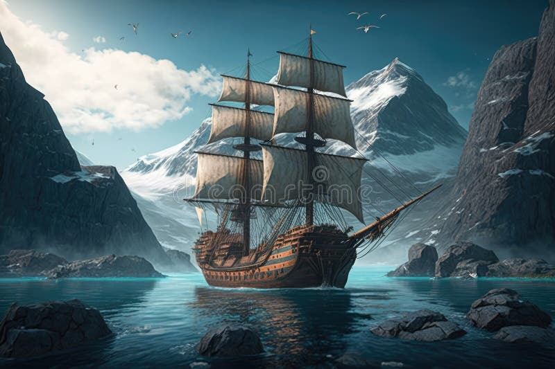 Fantastic Ship in the Sea Near Mountains Stock Illustration ...