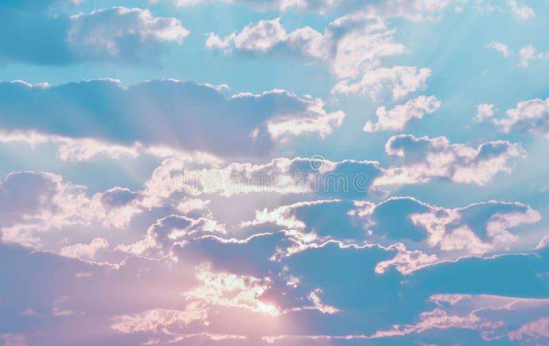 Fantastic Soft White Clouds Against Blue Sky Background with Sun Light ...