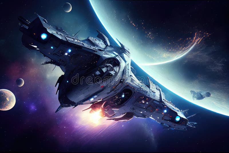Fantastic Spaceship Floating in the Void of Deep Space, with Distant ...