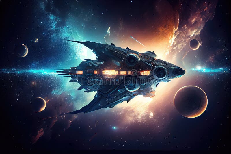 Fantastic Spaceship Floating in the Void of Deep Space, with Distant ... Fantastic Spaceship Floating in the Void of Deep Space, with Distant ...