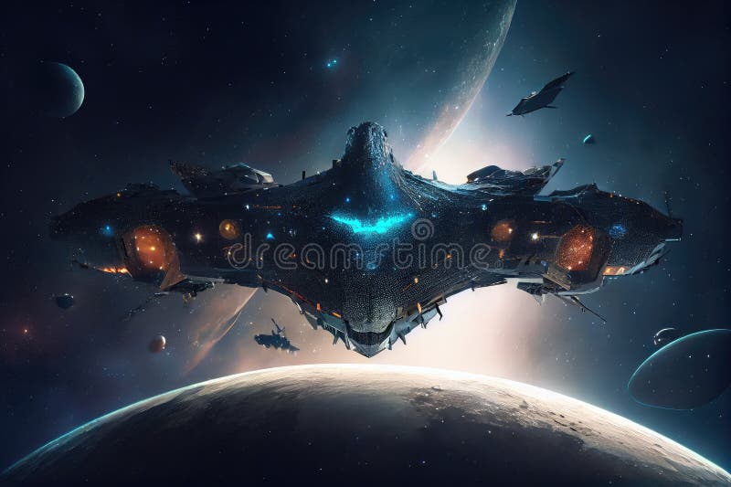 Fantastic Spaceship Floating in the Void of Deep Space, with Distant ...